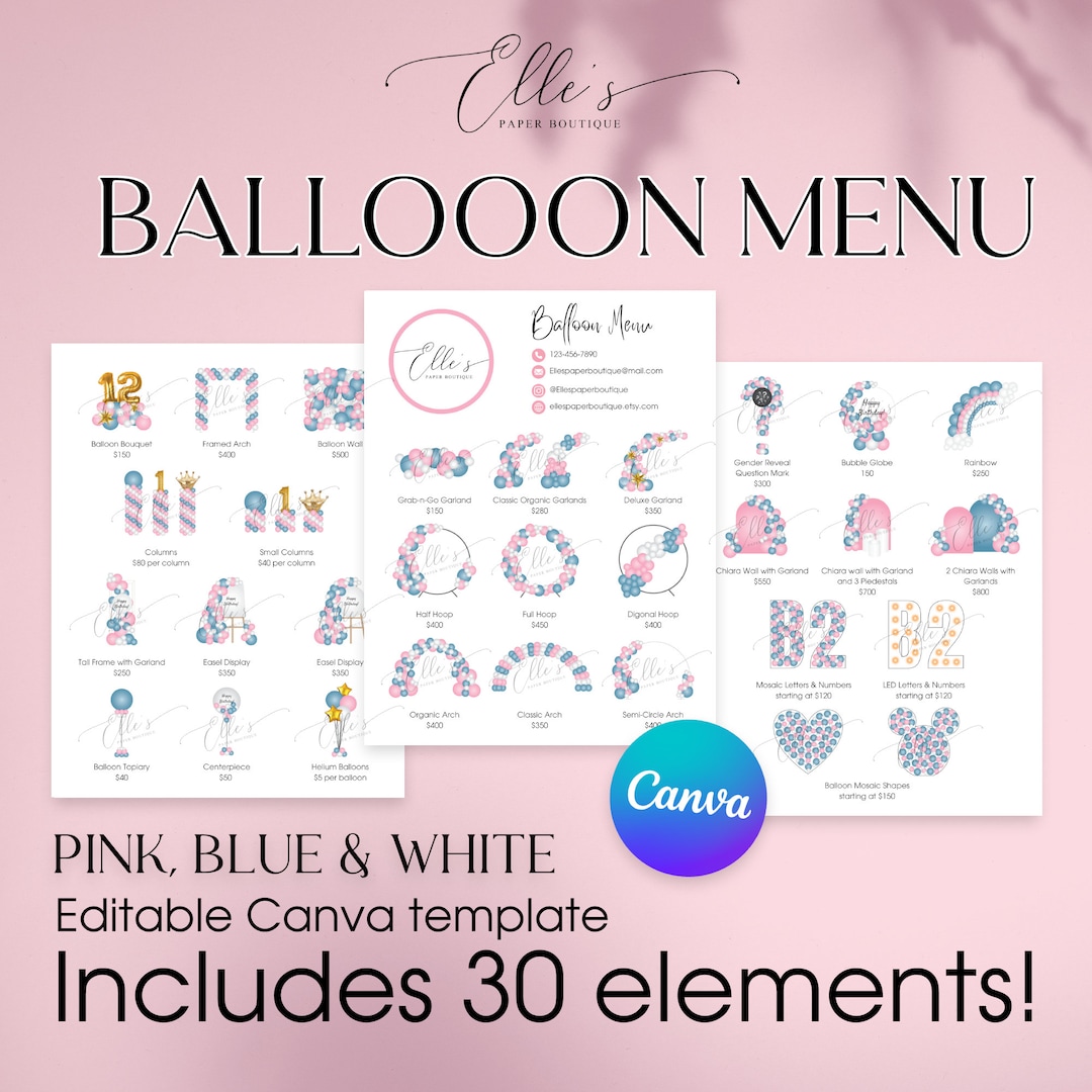 CANVA Balloon Menu, Pink & Blue Editable Balloon Menu, Purple Balloon Pricing List Template ...