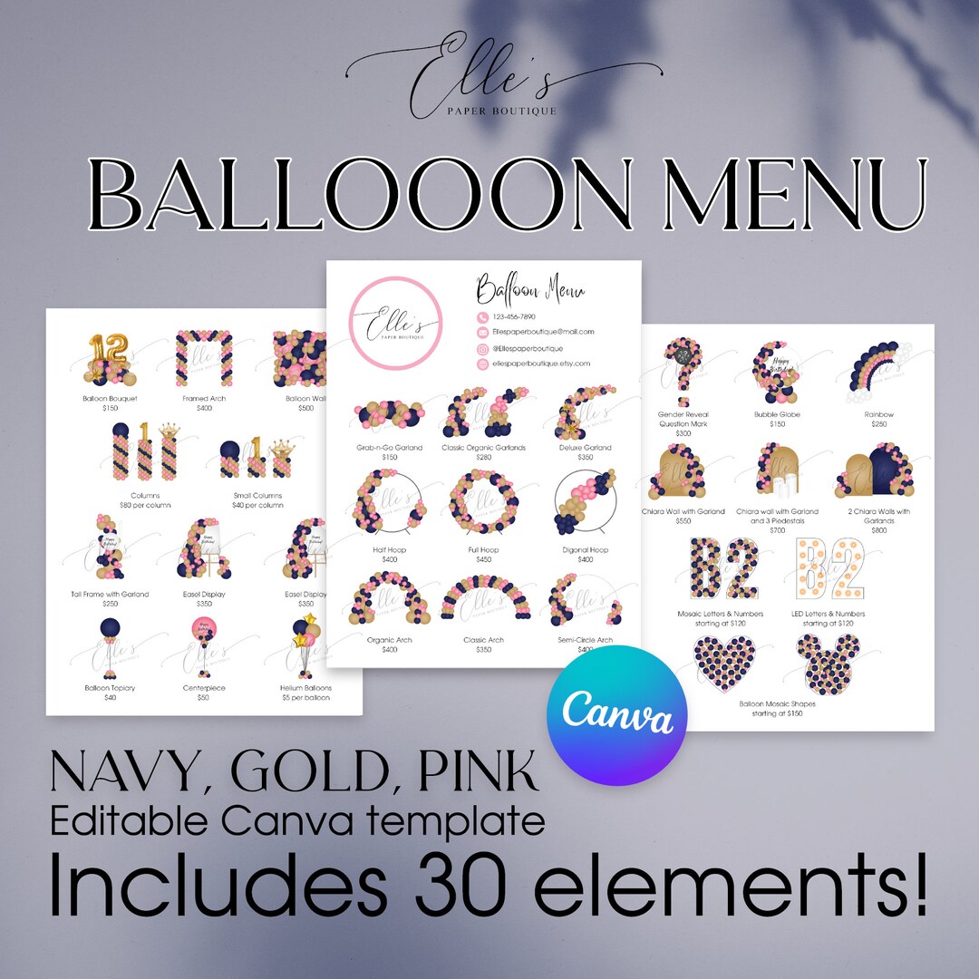 CANVA Balloon Menu, Navy, Gold and Pink, Colors Editable Balloon Menu ...