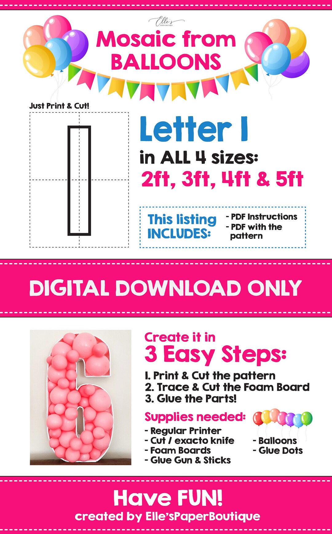 Mosaic Letter I, Giant Mosaic Letter, Mosaic From Balloons, 2ft, 3ft ...