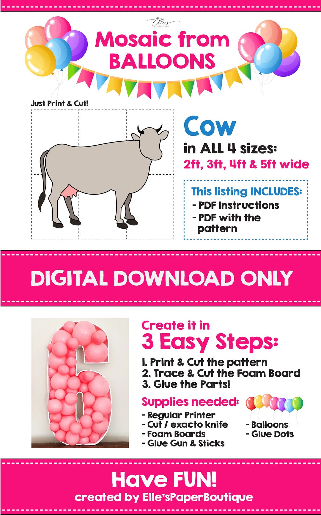Cow Mosaic From Balloons, Cow Mosaic Template, Farm Animals Mosaic From ...