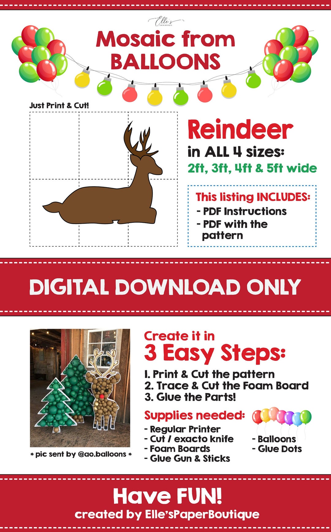 Reindeer Balloon Mosaic Template, Christmas Mosaic From Balloons, Xmas ...