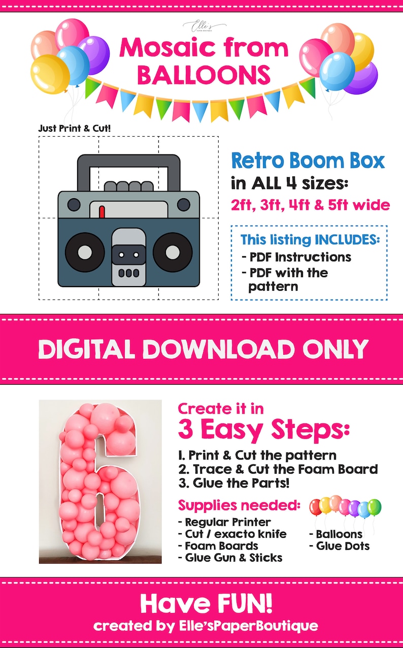 Retro Boombox Mosaic From Balloons, Boom Box Mosaic Template, Retro ...