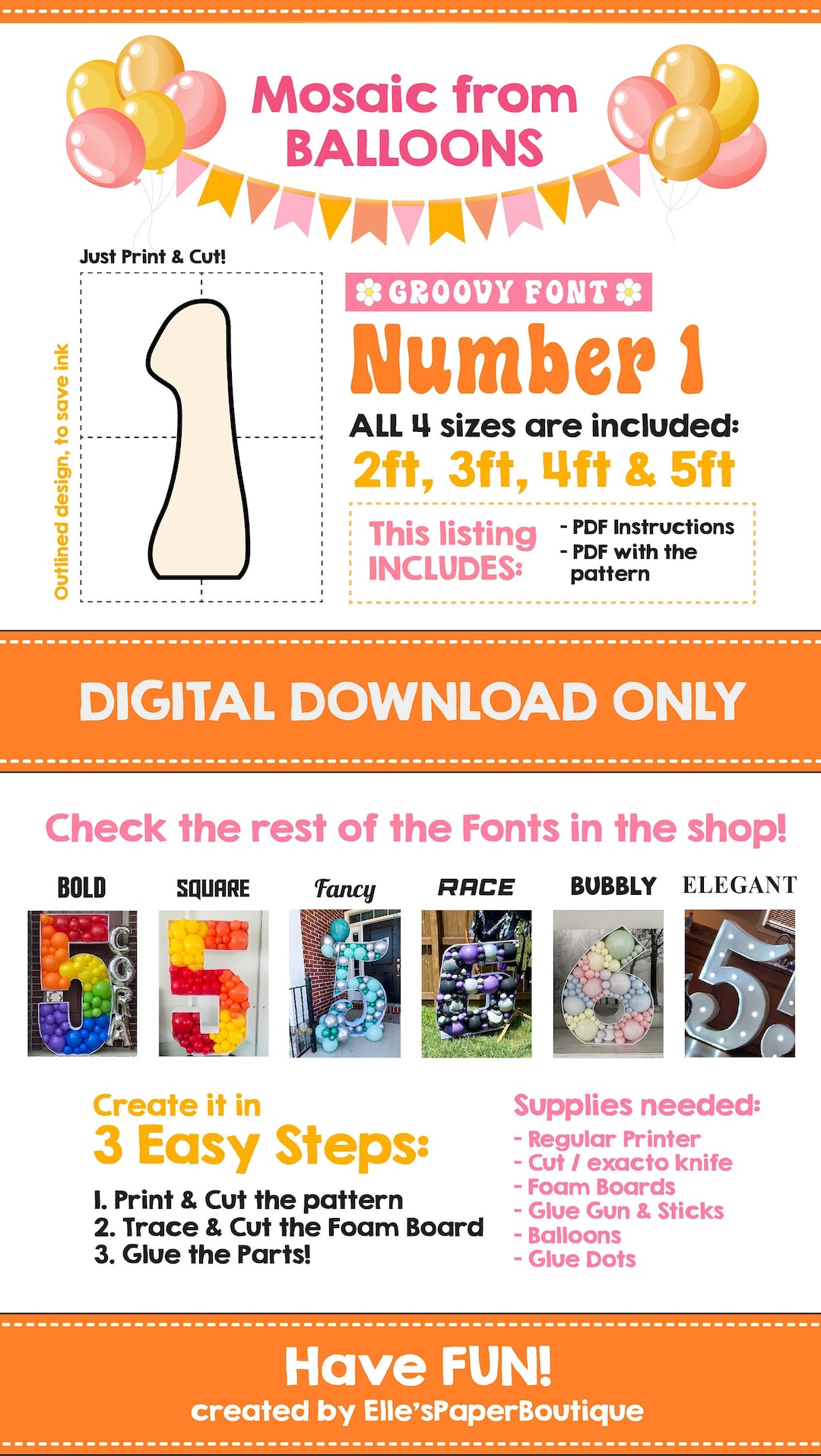 GROOVY Number 1, Groovy One Birthday, Balloon Mosaic Template, Mosaic ...