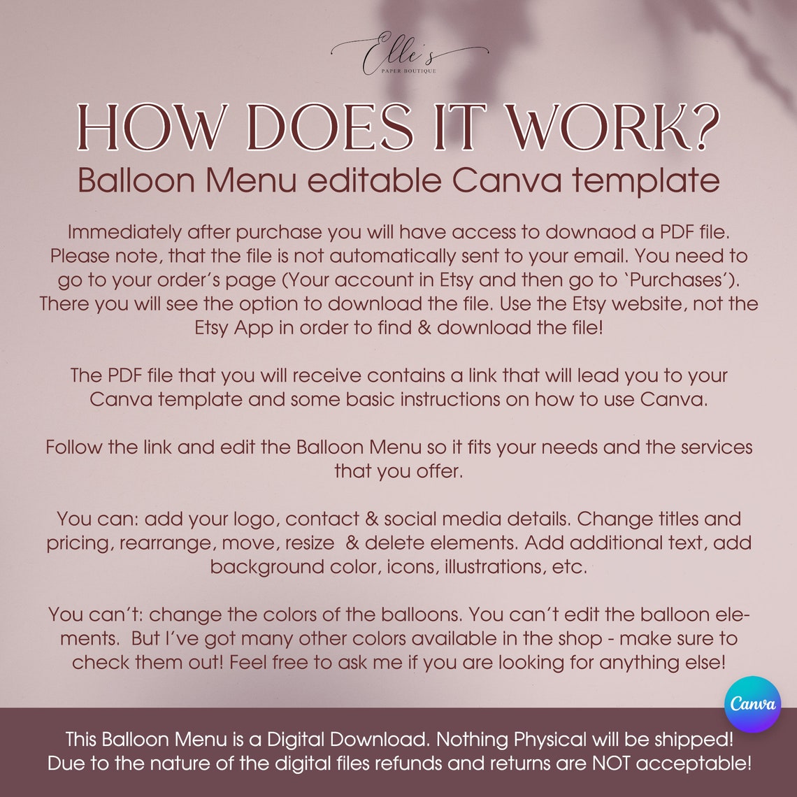 CANVA Balloon Menu, Editable Balloon Menu, Dusty Rose Balloon Pricing ...