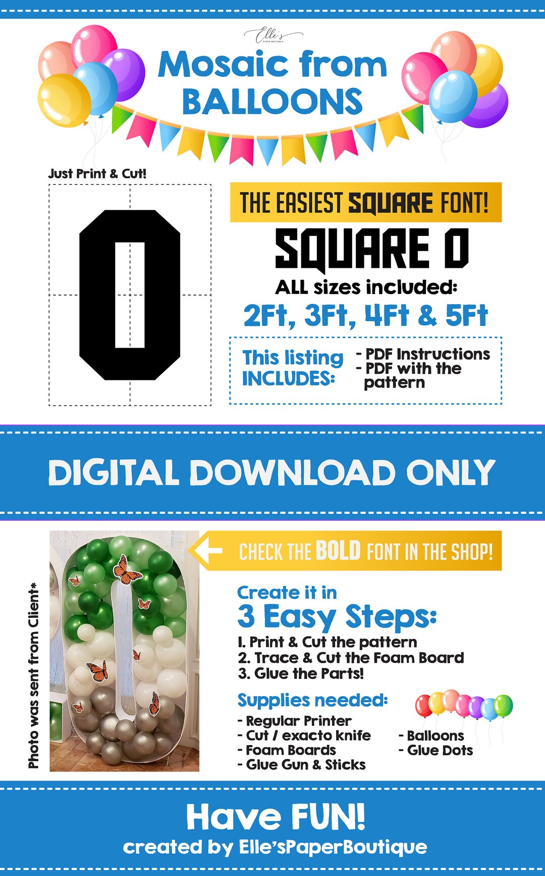 SQUARE Number 0, Balloon Mosaic Template, Zero Mosaic Number Template ...