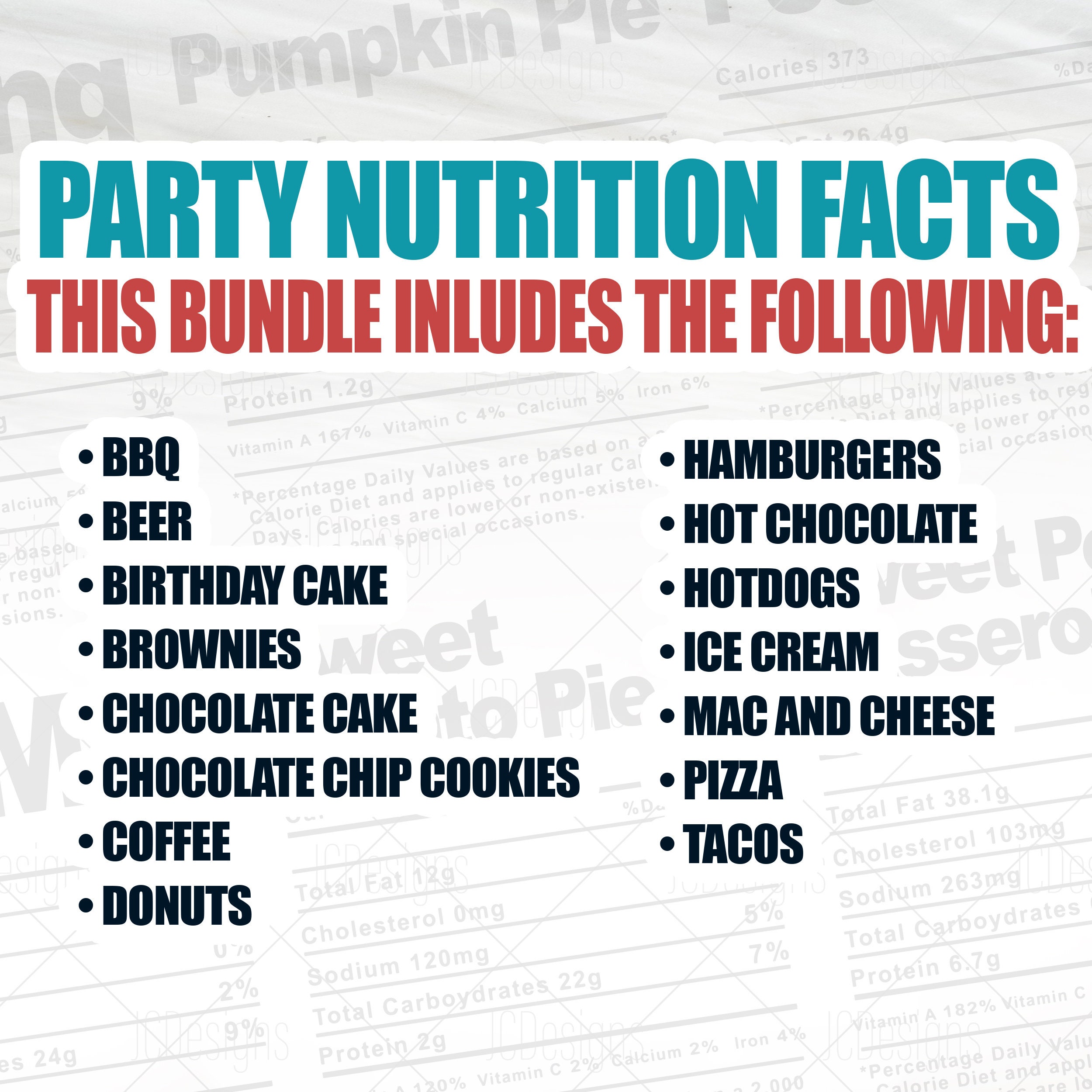 15 Party Nutrition Food Facts Bundle Party Holiday Christmas | Etsy