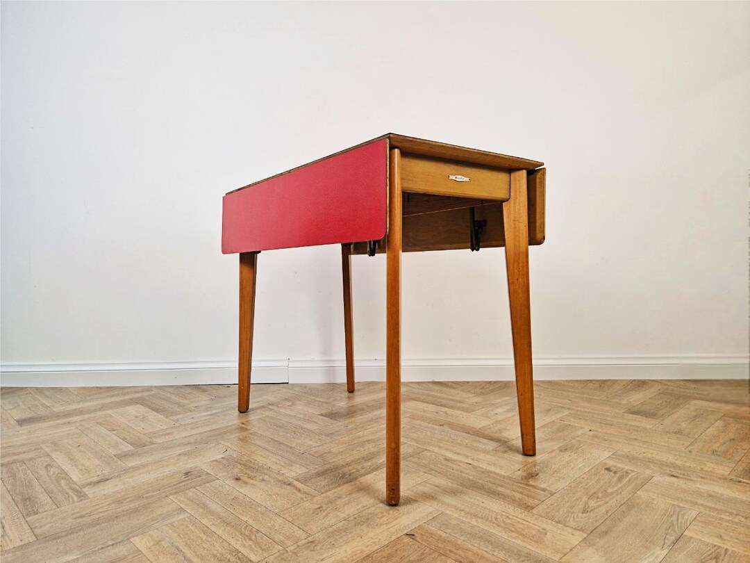 Remploy Vintage Mid Century 1960s Solid Beech & Formica Cherry Red Drop ...