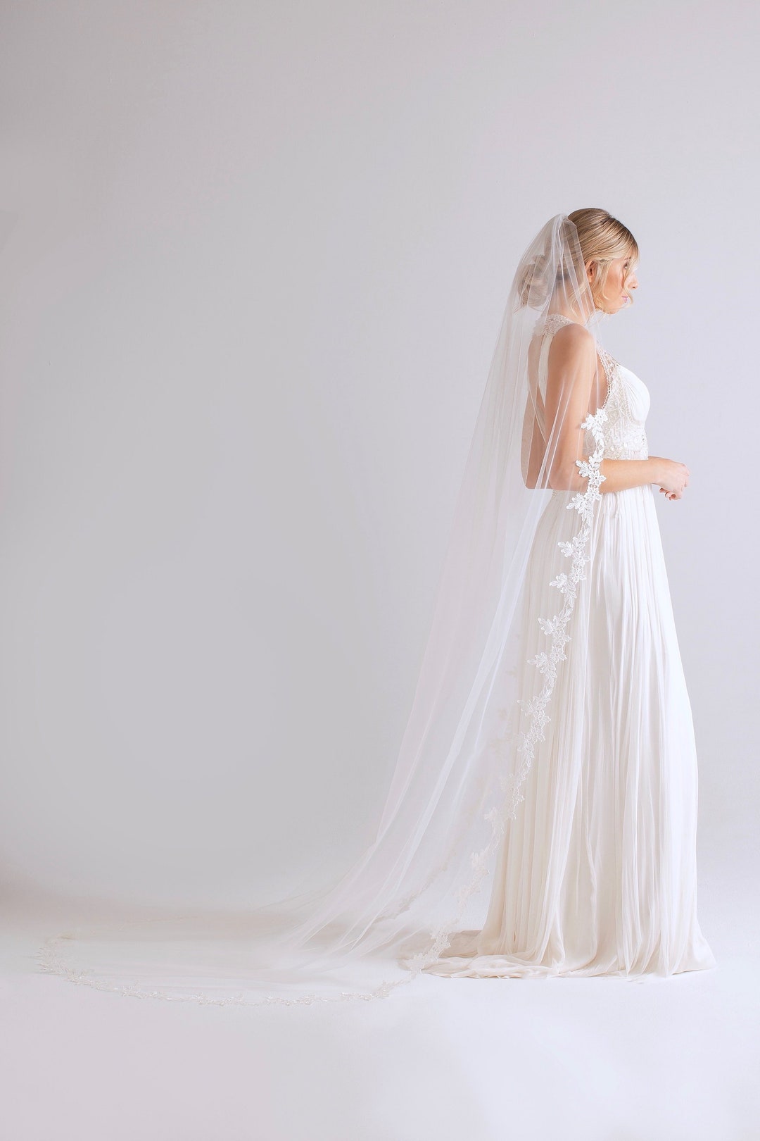 Off White, Single Tier, Semi Lace Edged, Tulle, Wedding Veils, - Etsy