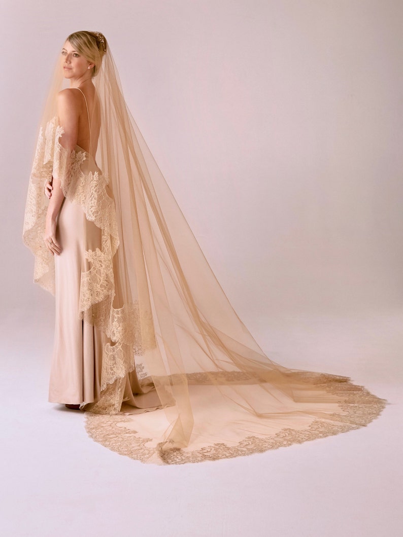 Champagne, Two Tier, French Lace Trim, Tulle, Wedding Veil - Etsy