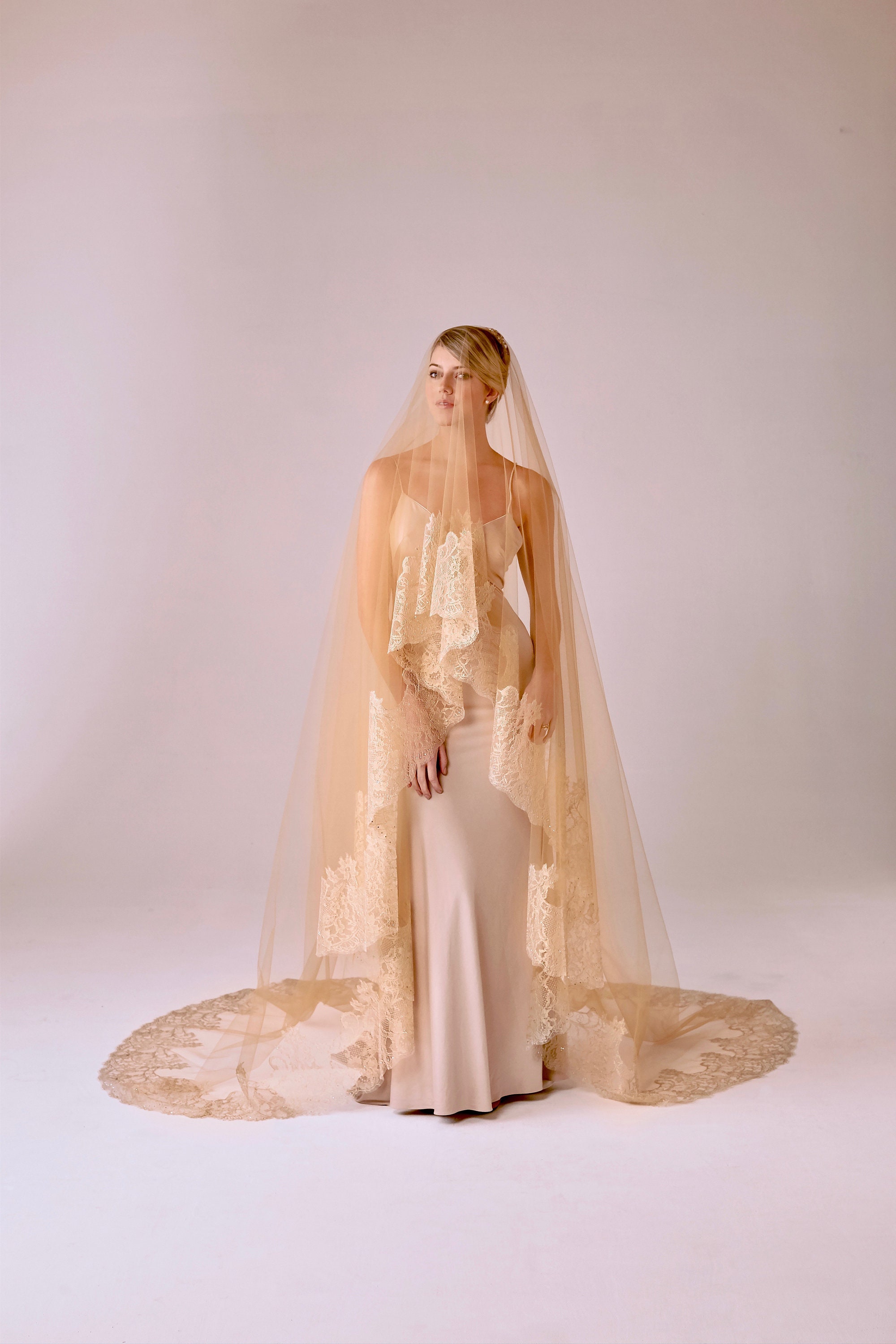 Champagne, Two Tier, French Lace Trim, Tulle, Wedding Veil - Etsy