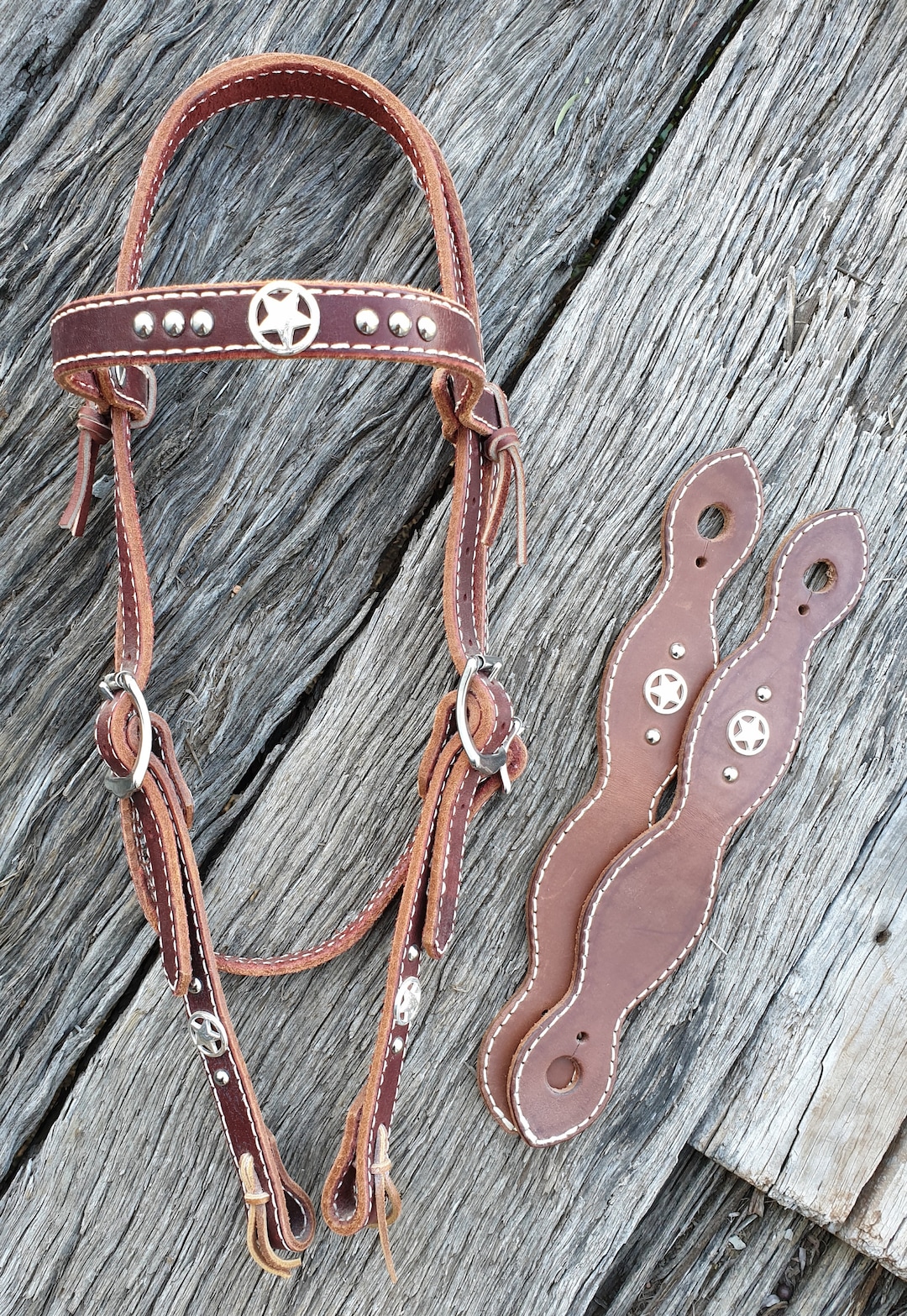 Leather Headstall Set With Slobber Straps Texas Star Conchos Cob Sized ...