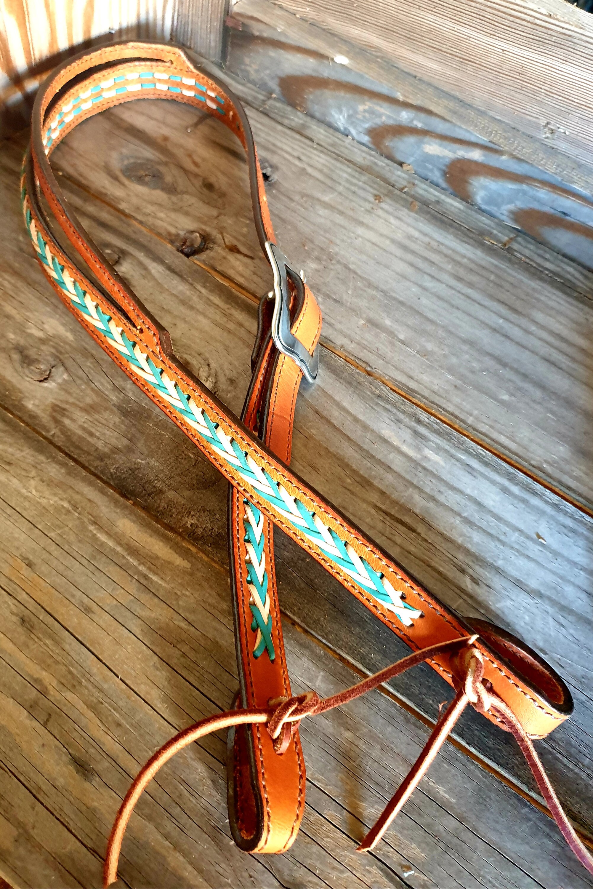Split Ear Headstall Herman Oak Leather Kangaroo Laced in Turquoise and ...