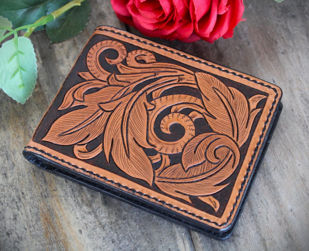Mens Hand Tooled Leather Western Style Bifold Wallet Kangaroo Leather ...