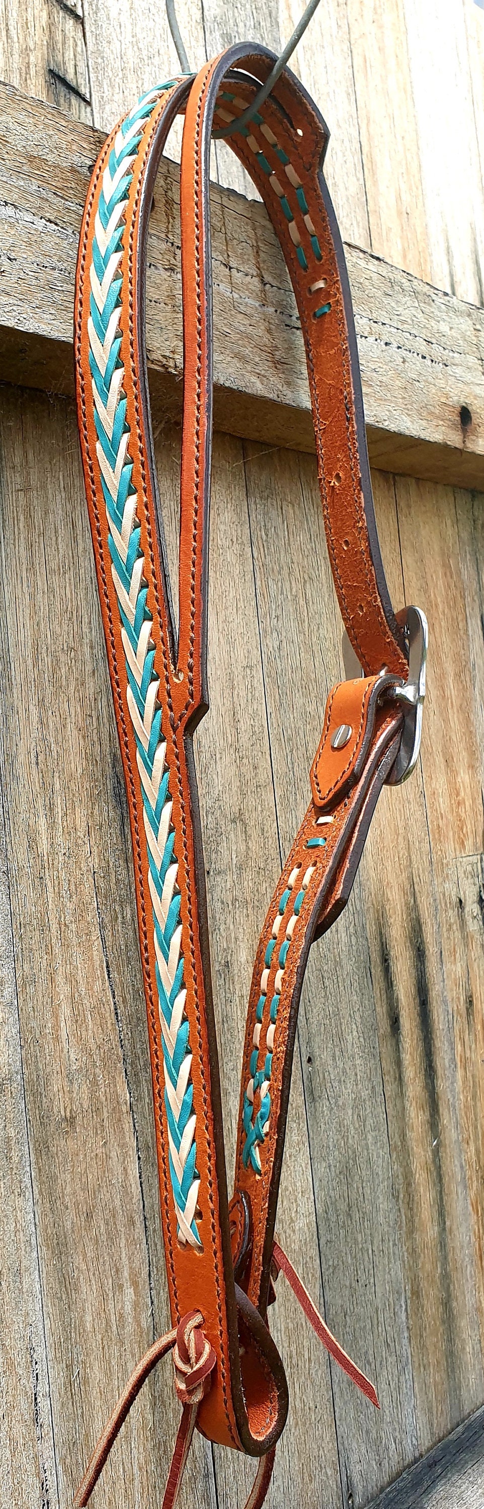Split Ear Headstall Herman Oak Leather Kangaroo Laced in Turquoise and ...