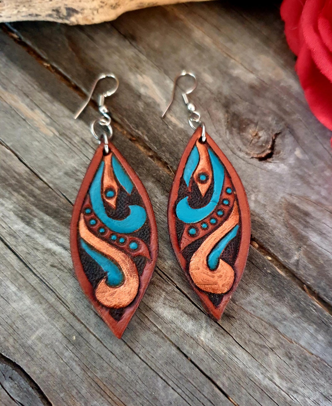 Genuine Leather Handmade Tooled Earrings With Copper and Turquoise - Etsy