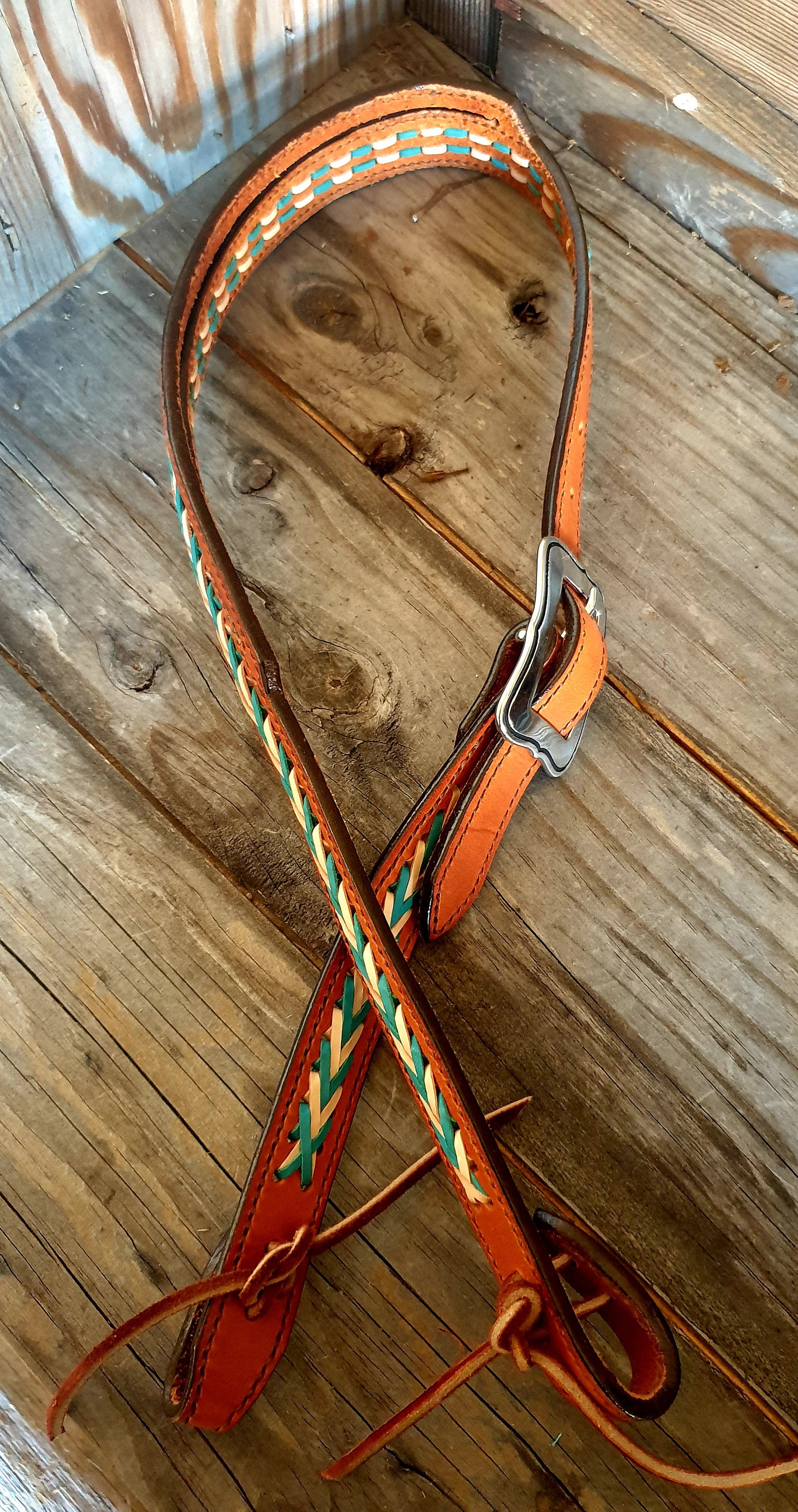 Split Ear Headstall Herman Oak Leather Kangaroo Laced in Turquoise and ...