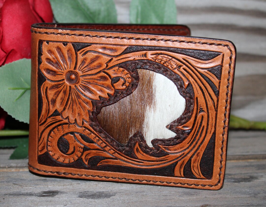Hand Tooled Leather Western Wallet – Kangaroo Lined, Hair on Hide Inlay ...