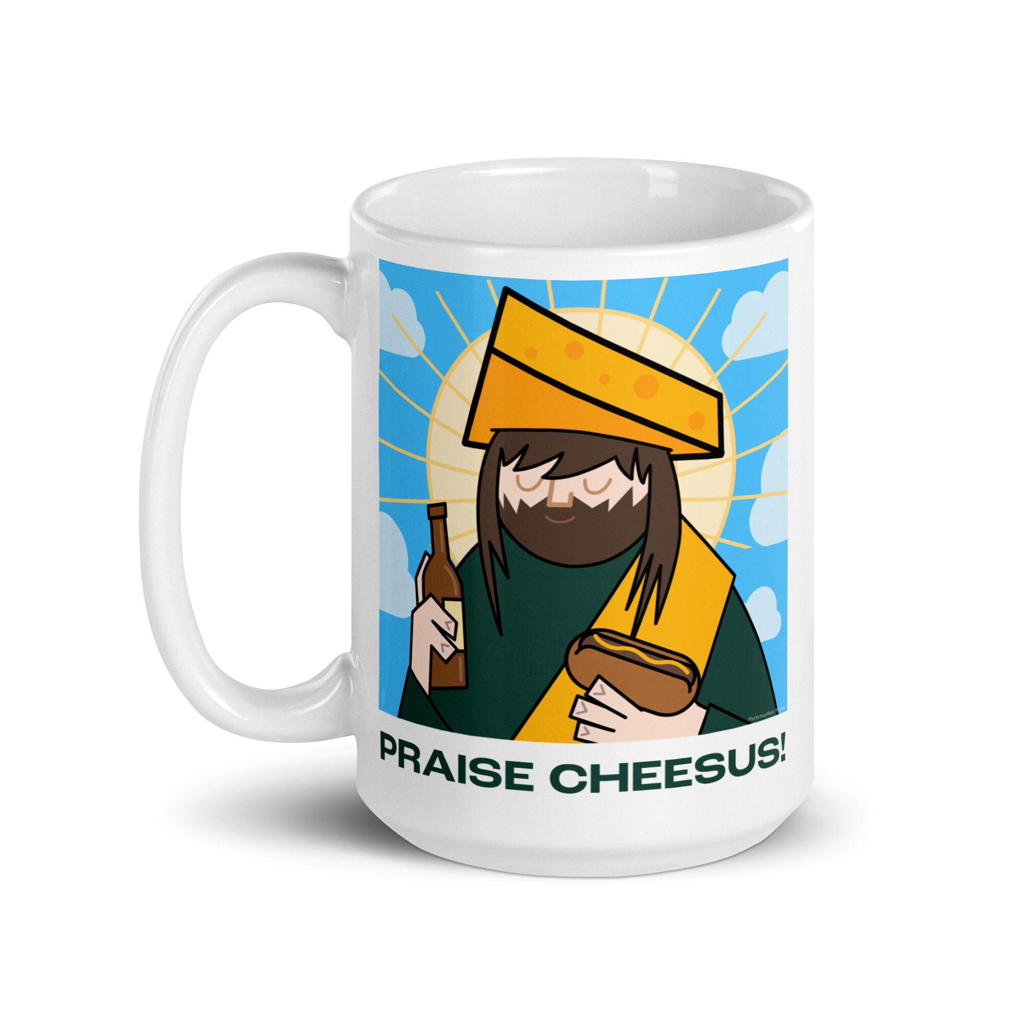 PRAISE CHEESUS Cheezus H Christ Packers Cheesehead WI White Glossy Mug ...