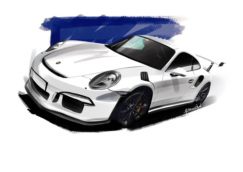 Porsche 911 GT3 RS digital art car drawing print | Etsy