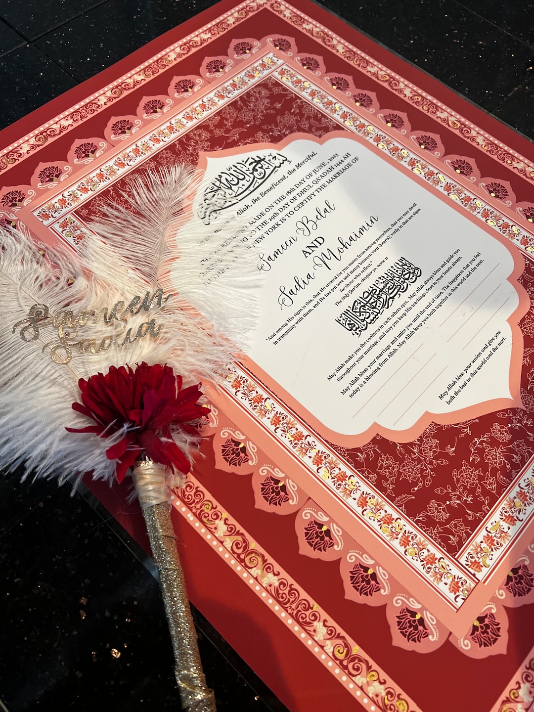 Pink/red Nikahnama (printed) Customizable Hand-designed Nikkah Muslim ...