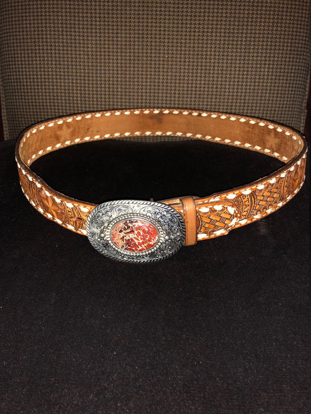 Buckstitched Vintage "james" Leather Belt With Stone Buckle - Etsy