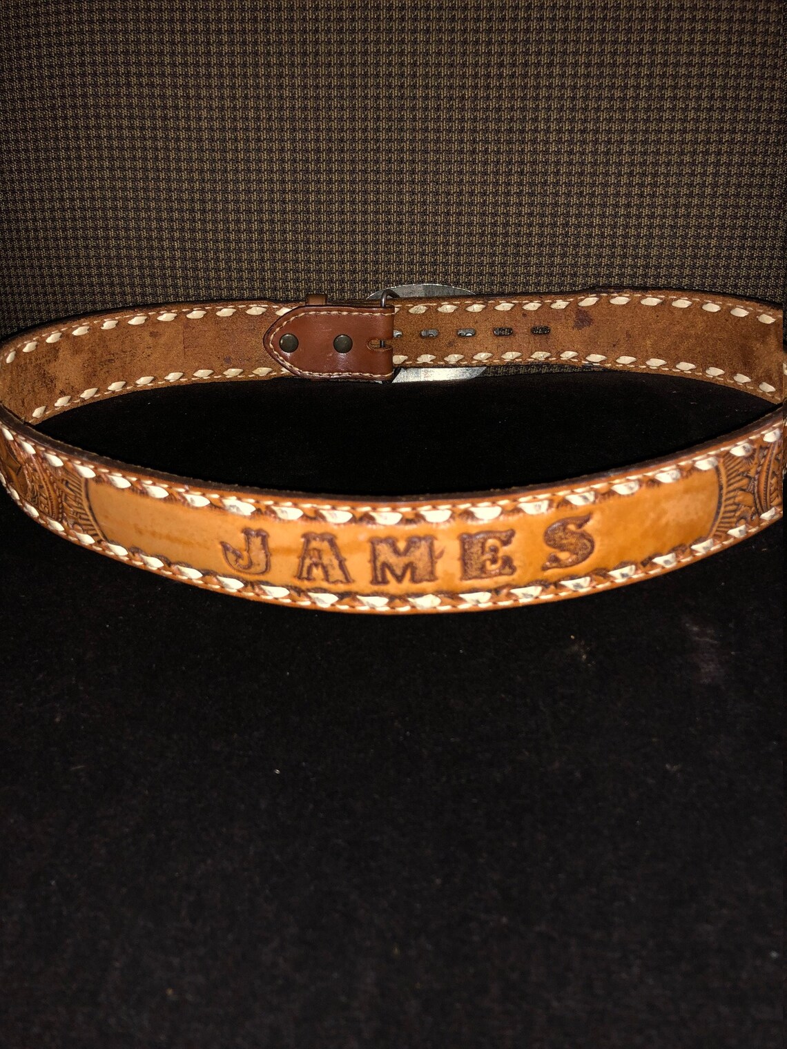 Buckstitched Vintage james Leather Belt With Stone Buckle - Etsy