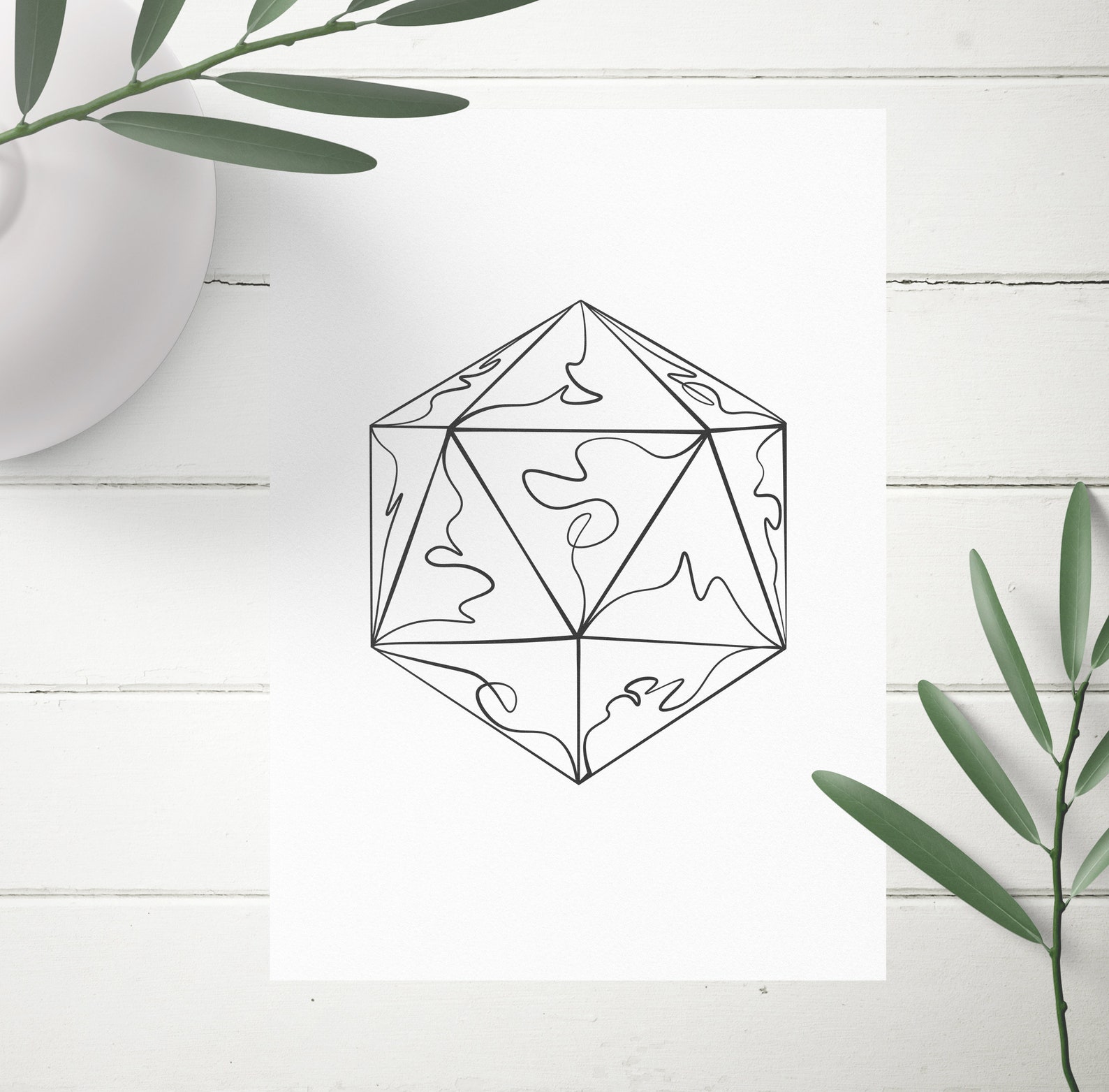 Abstract 20 Sided Dice, Single Line Drawing, Minimalist Art, Wall Decor ...