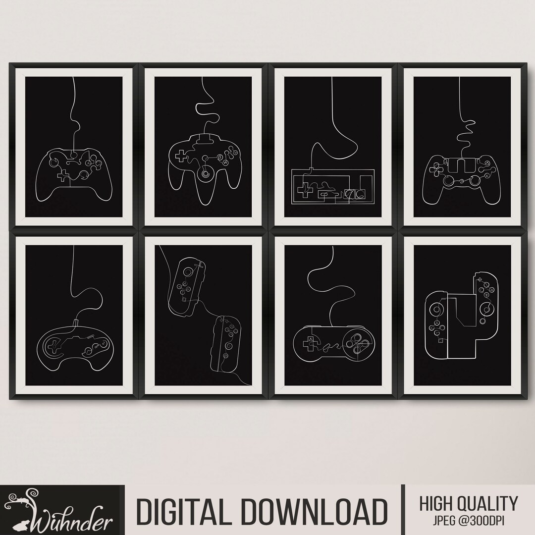 8 Abstract Controller Line Drawing, Minimalist Art, Gaming Wall Decor ...