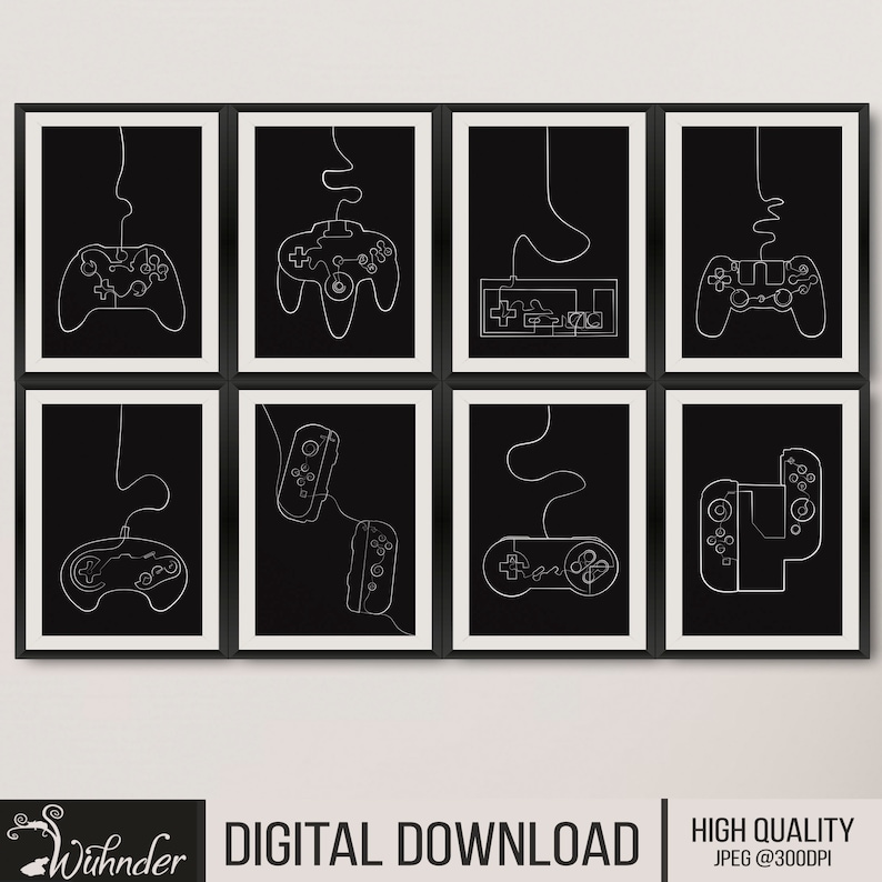 8 Abstract Controller Line Drawing Minimalist Art Gaming | Etsy
