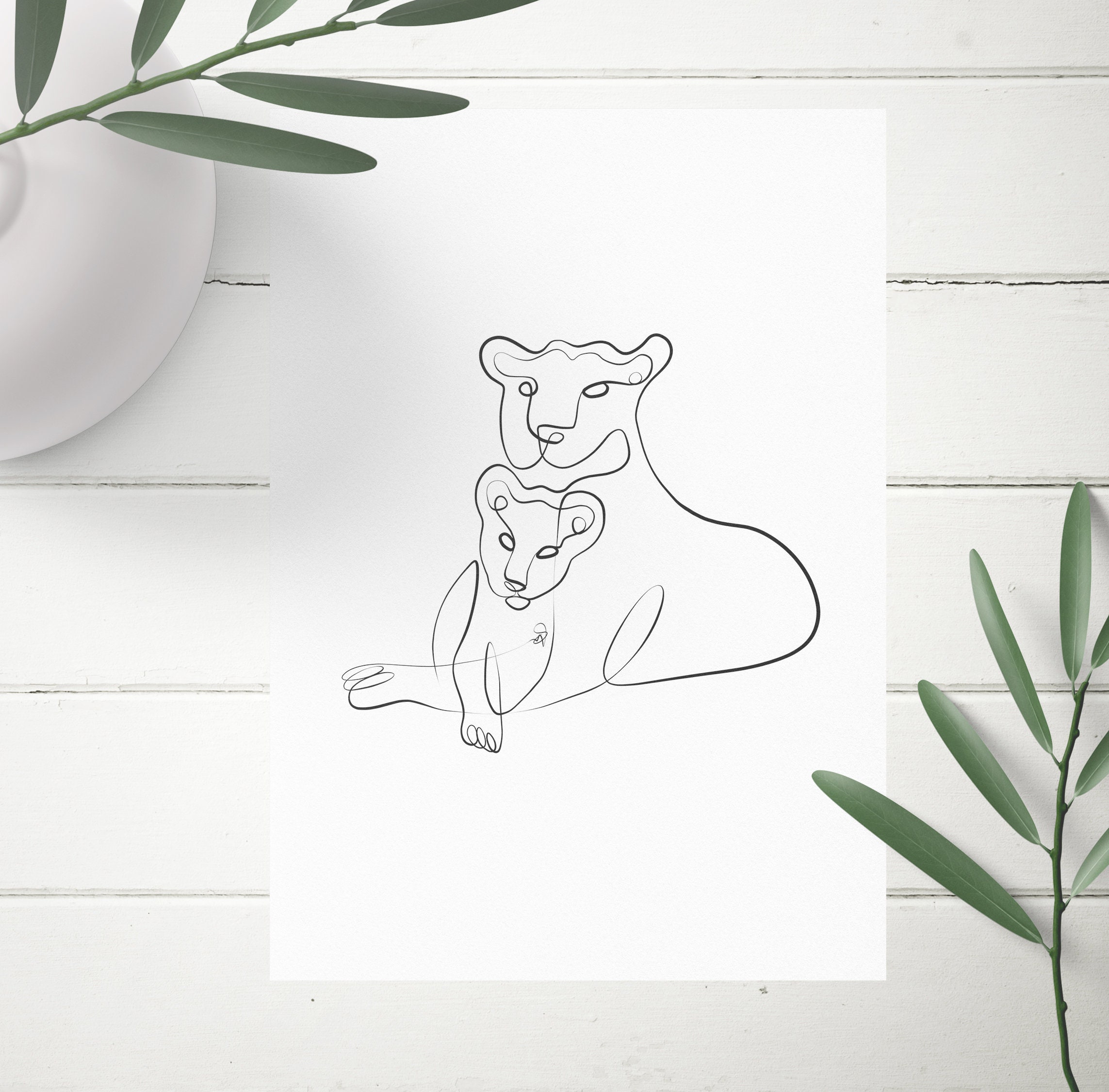 Lioness and Cub Single Line Drawing, Safari Prints, Nursery Wall Decor ...