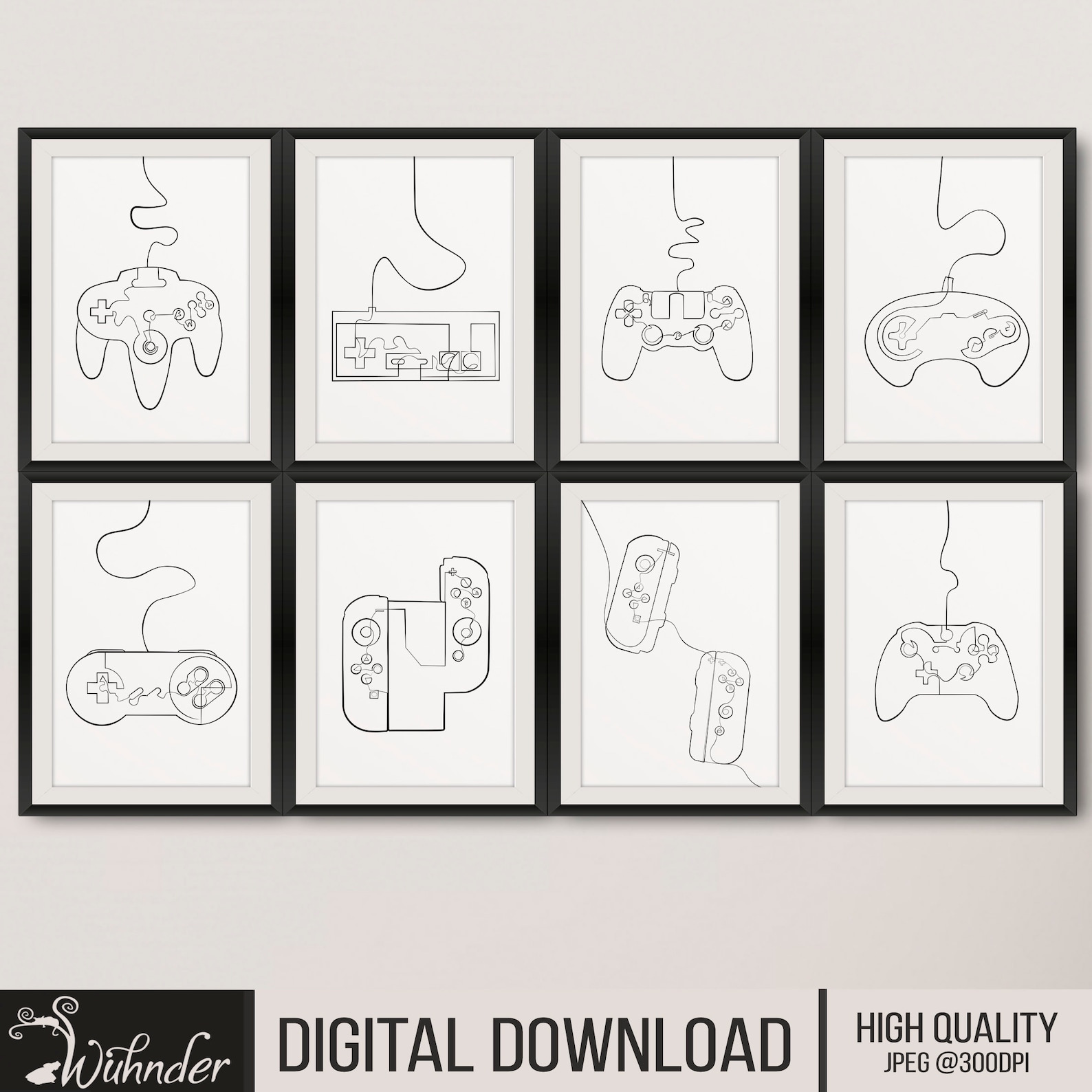 8 Abstract Controller Line Drawing, Minimalist Art, Gaming Wall Decor ...