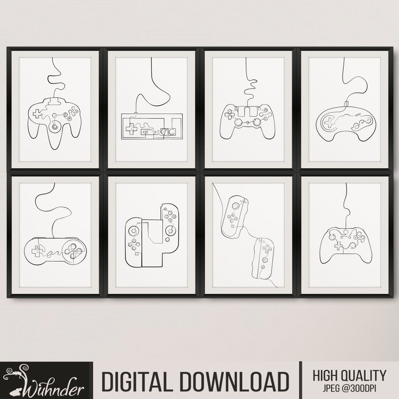 8 Abstract Controller Line Drawing, Minimalist Art, Gaming Wall Decor ...