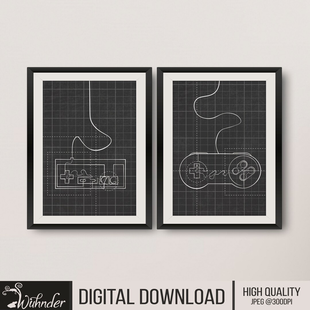 2 Abstract Controller Line Drawing, Minimalist Art, Gaming Wall Decor ...