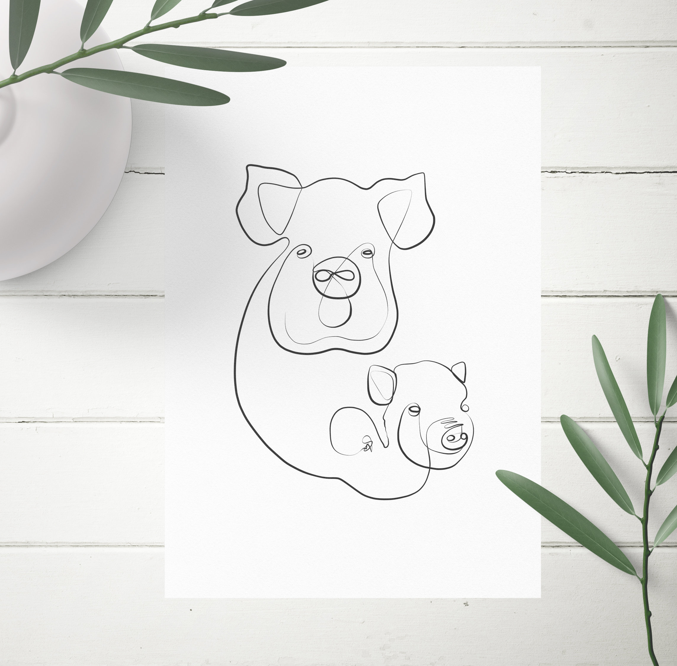 Pig and Piglet Single Line Drawing, Farm Wall Art, Nursery Prints ...