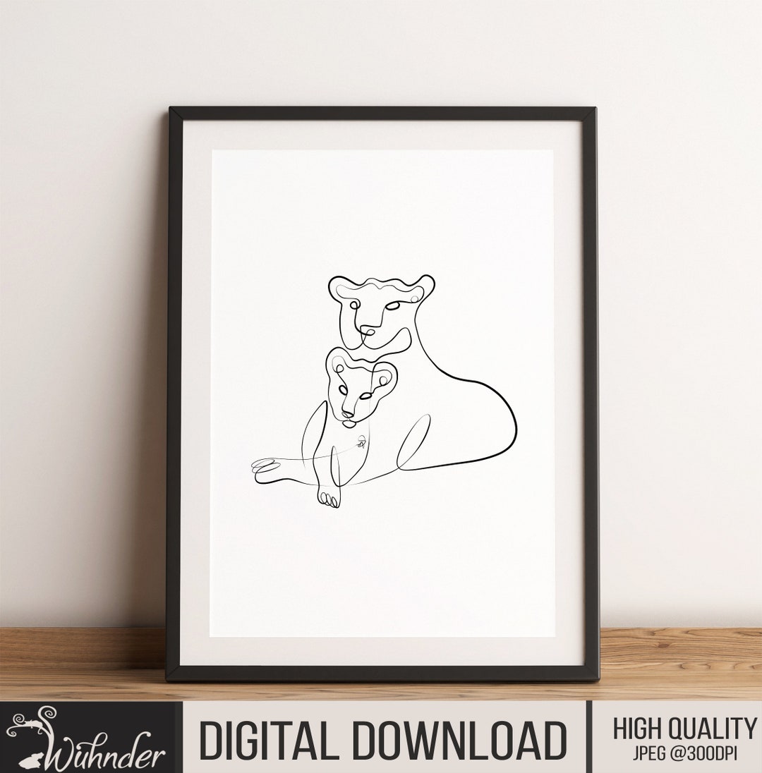 Lioness and Cub Single Line Drawing, Safari Prints, Nursery Wall Decor ...
