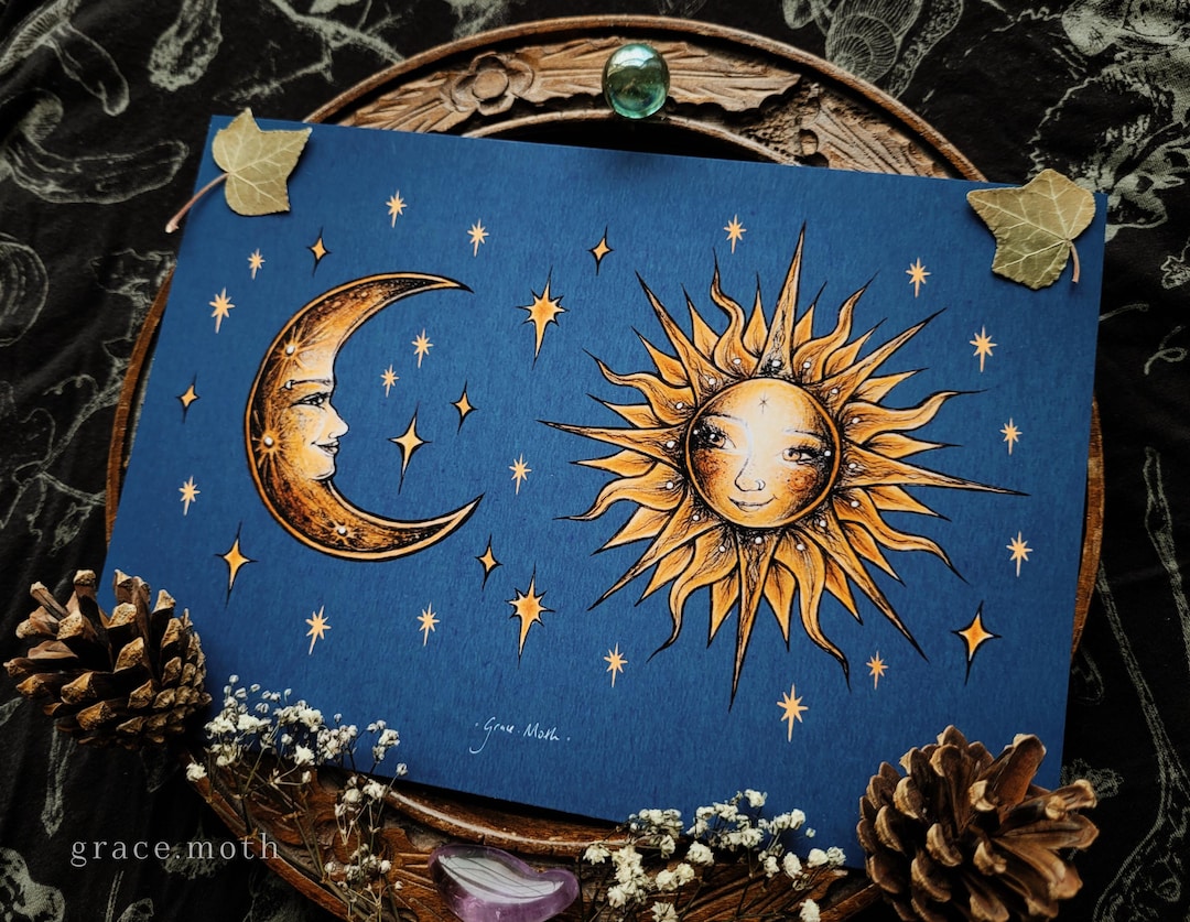 Sun and Moon Goddess A5 or A4 Art Print Illustrated by Grace Moth, Navy ...