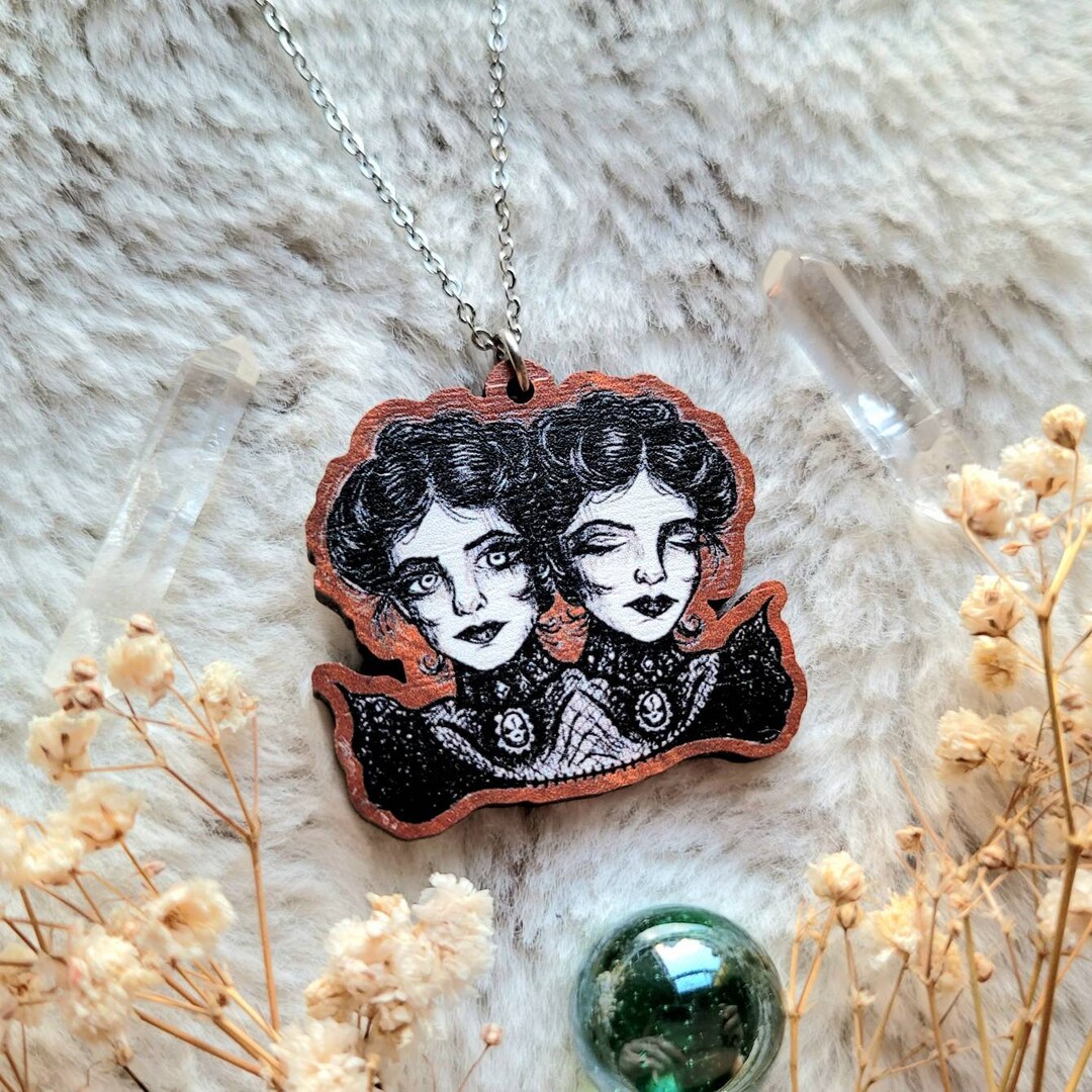 Conjoined Gothic Twins Illustrated Necklace, Responsibly Sourced Cherry ...