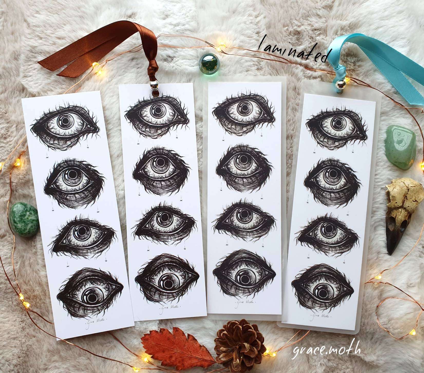 Creepy Eyes Bookmark illustrated by Grace Moth ribbon and | Etsy