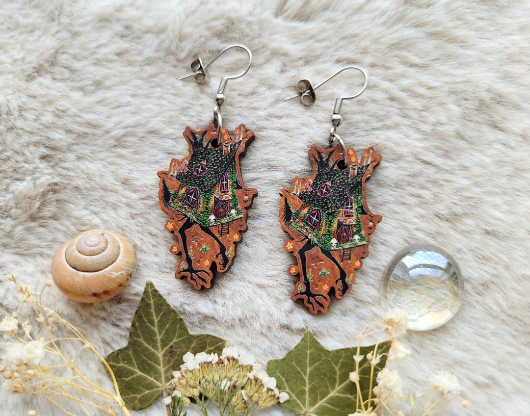 Baba Yaga Illustrated Earrings, Responsibly Sourced Cherry Wood, 304 ...