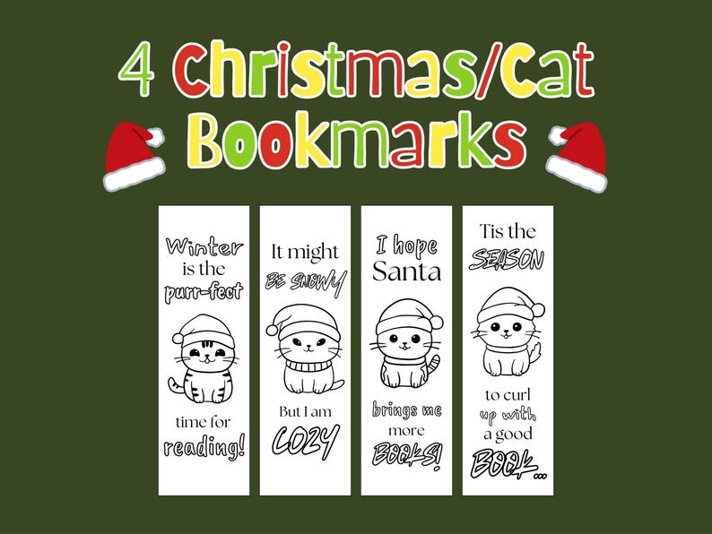 Printable Christmas Cats Bookmarks to Color Classroom Christmas Party 4 ...