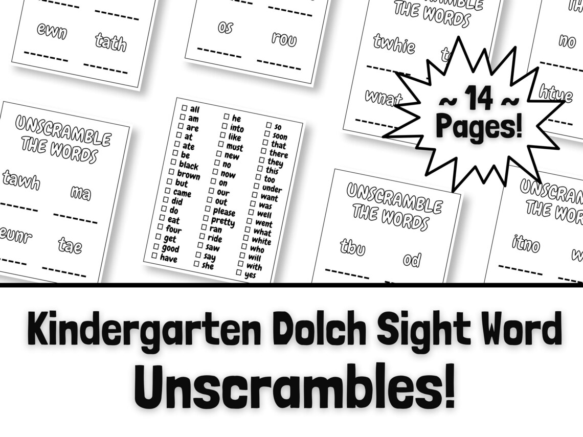 Kindergarten Dolch Sight Word Unscramble Printable Activity Book ...