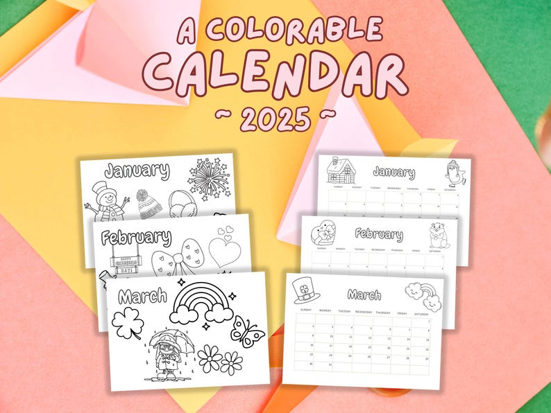 Calendario para colorear para niños, imprimible, 25 páginas, fechado en ...