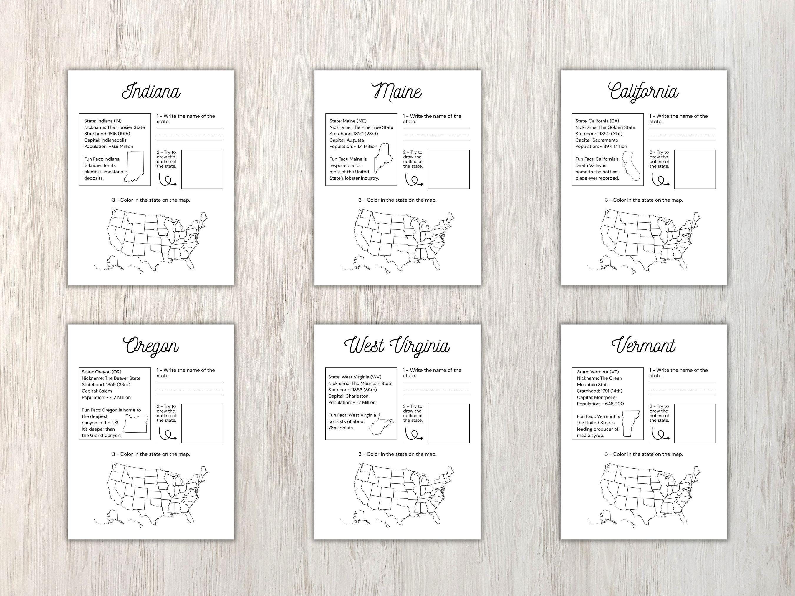 50 States Activity Pack: U.S. Geography Worksheets, Map Coloring ...