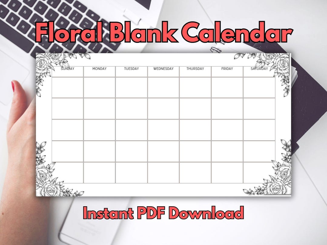 Floral Monthly Calendar Printable: Black and White Undated Planner (PDF ...