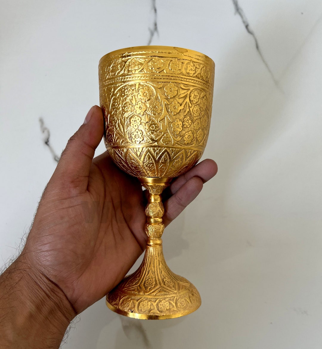 Antique Brass Golden Finish Embossed Goblet Handmade Wine Goblet Royal ...