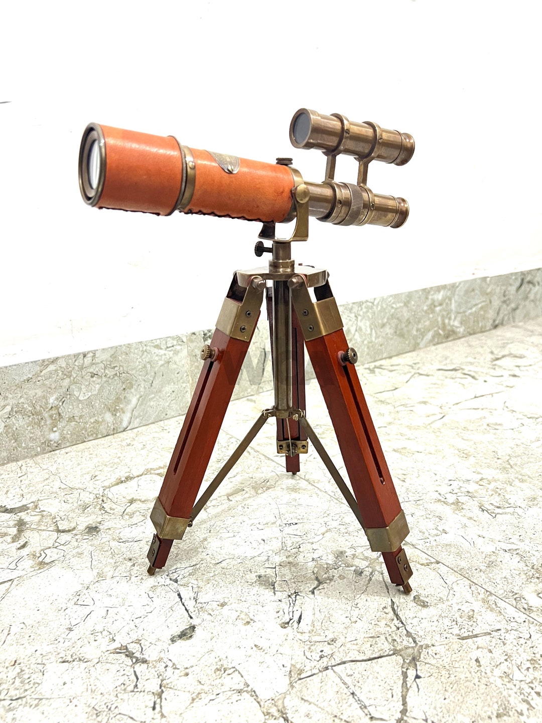 Antiqued Brass Double Barrel Spyglass Telescope With Wooden Adjustable ...