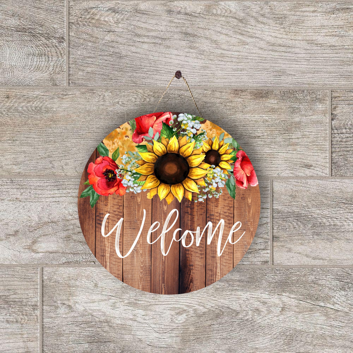 Welcome Floral Sunflower Red Poppy PNG File Design for Round | Etsy