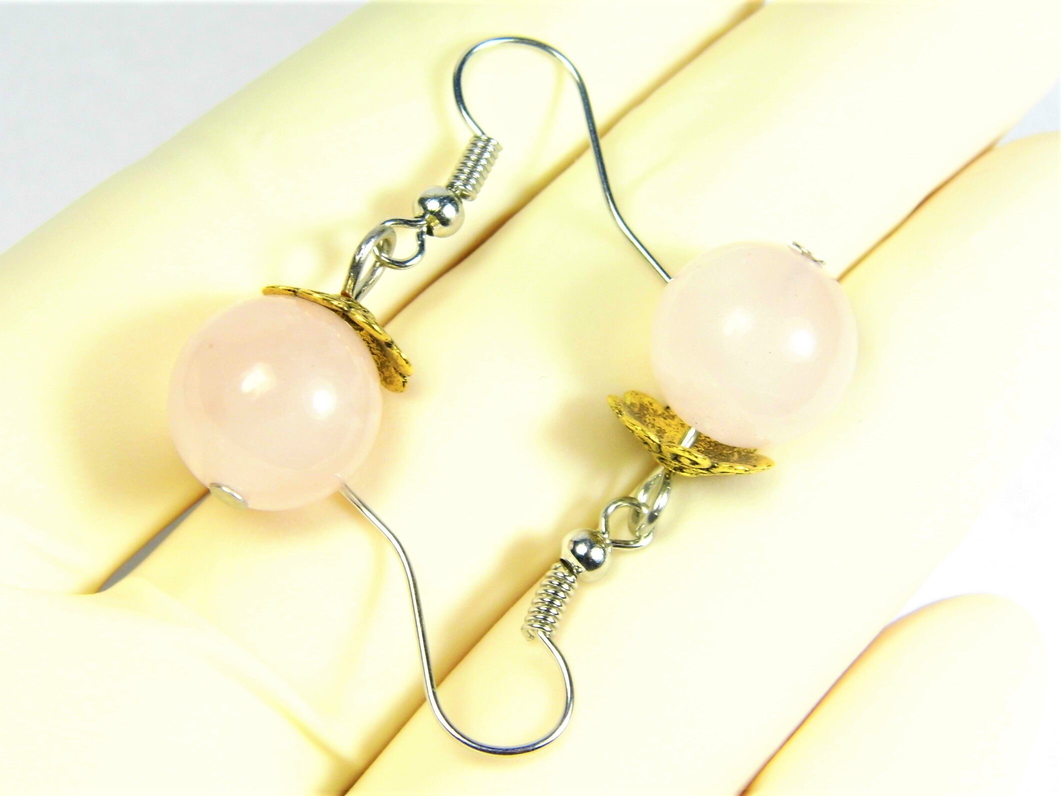 Round Rose Quartz Natural Genuine Stones Dangle Drop Earrings | Etsy