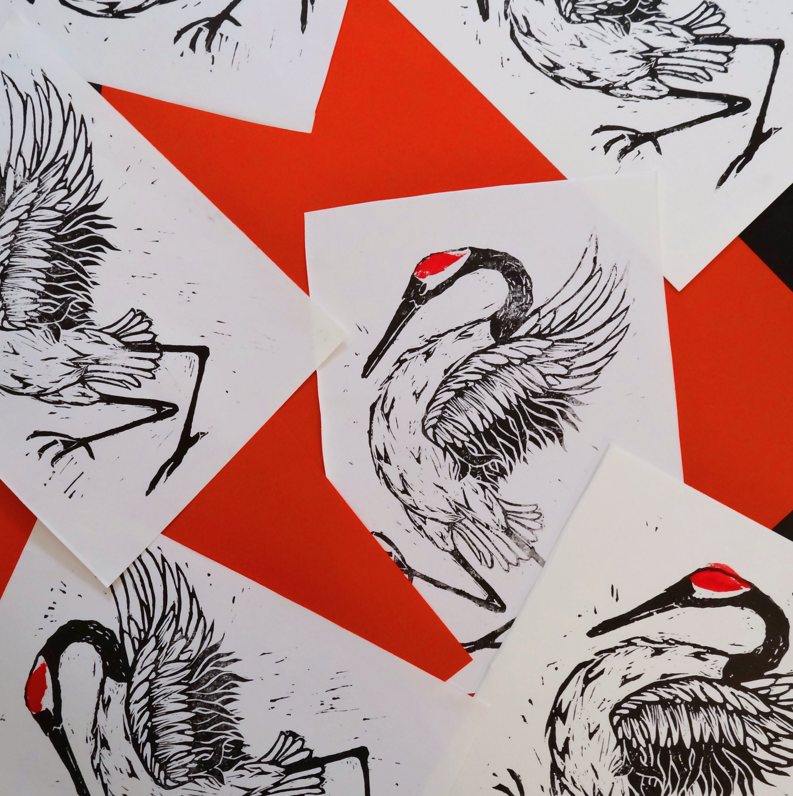 Japanese Crane - Linocut - A5 Size Card - Etsy