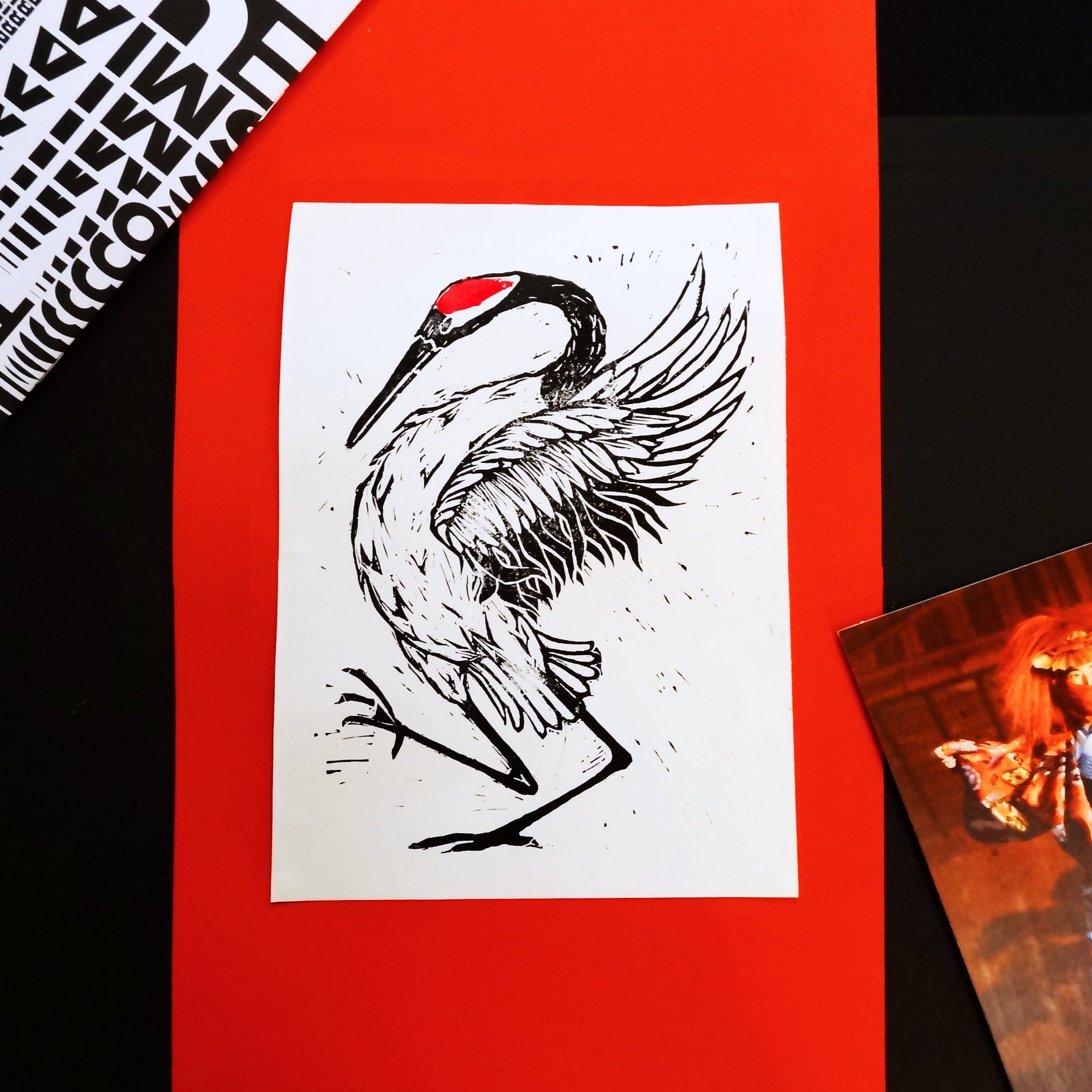 Japanese Crane - Linocut - A5 Size Card - Etsy